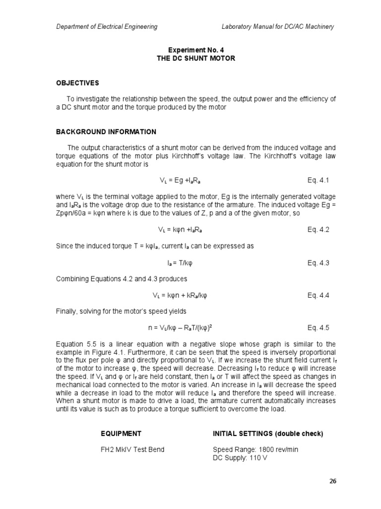 Expt 4 THE DC SHUNT MOTOR | PDF