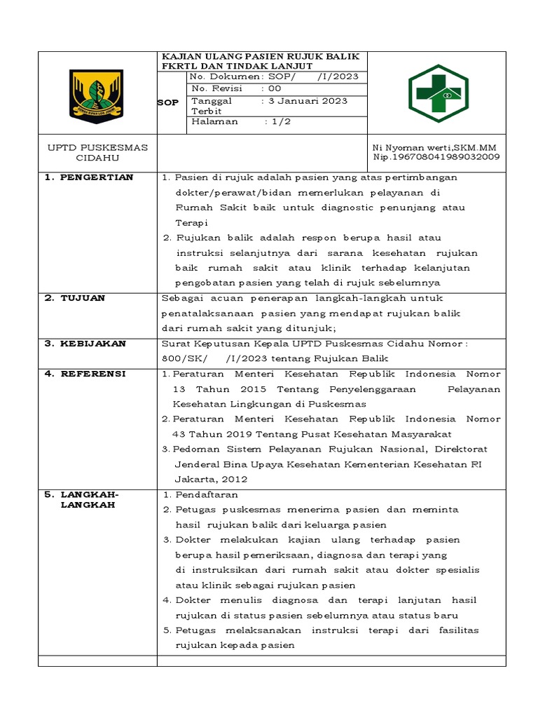 3.7.2.a.3 SOP Kajian Ulang Kondisi Pasien Rujukan Balik FKTL Dan TL | PDF