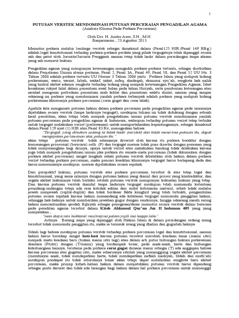 Putusan Verstek Mendominasi Putus Perceraian Pa. | PDF