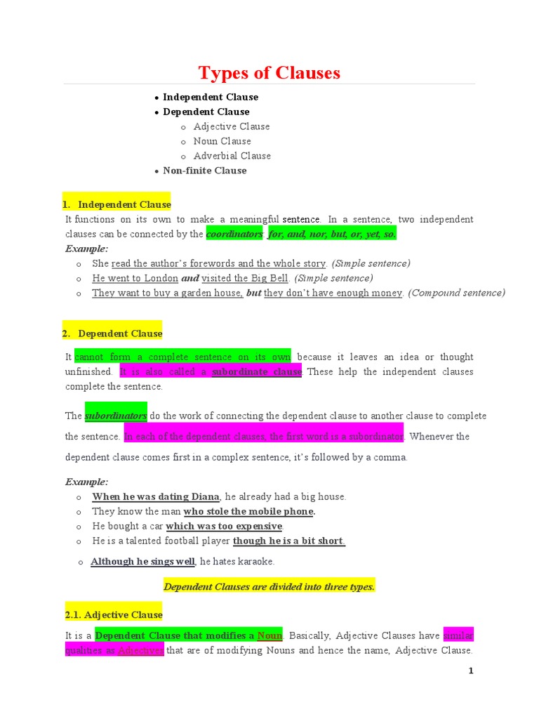 Types of Clauses | PDF | Clause | Adverb