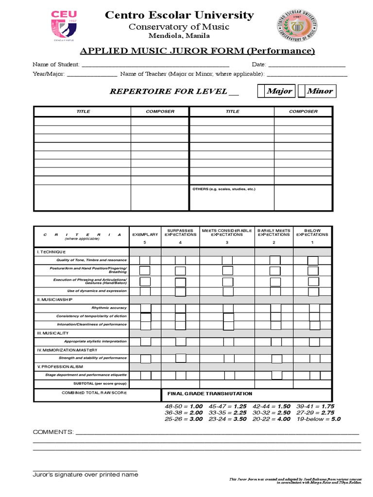 CEU Applied Music Juror Form Performance | PDF CEU Applied Music Juror Form Performance | PDF