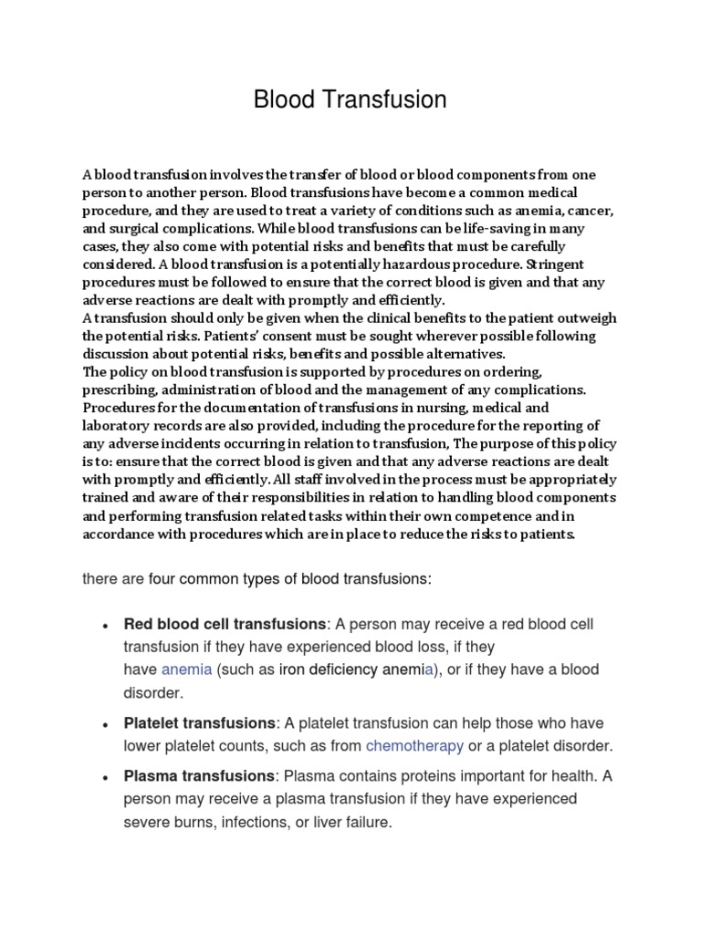 Blood Transfusion: Four Common Types of Blood Transfusions | PDF ...