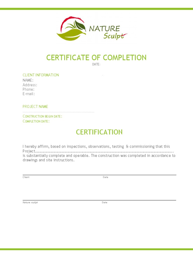 Construction Work Completion Certificate | PDF