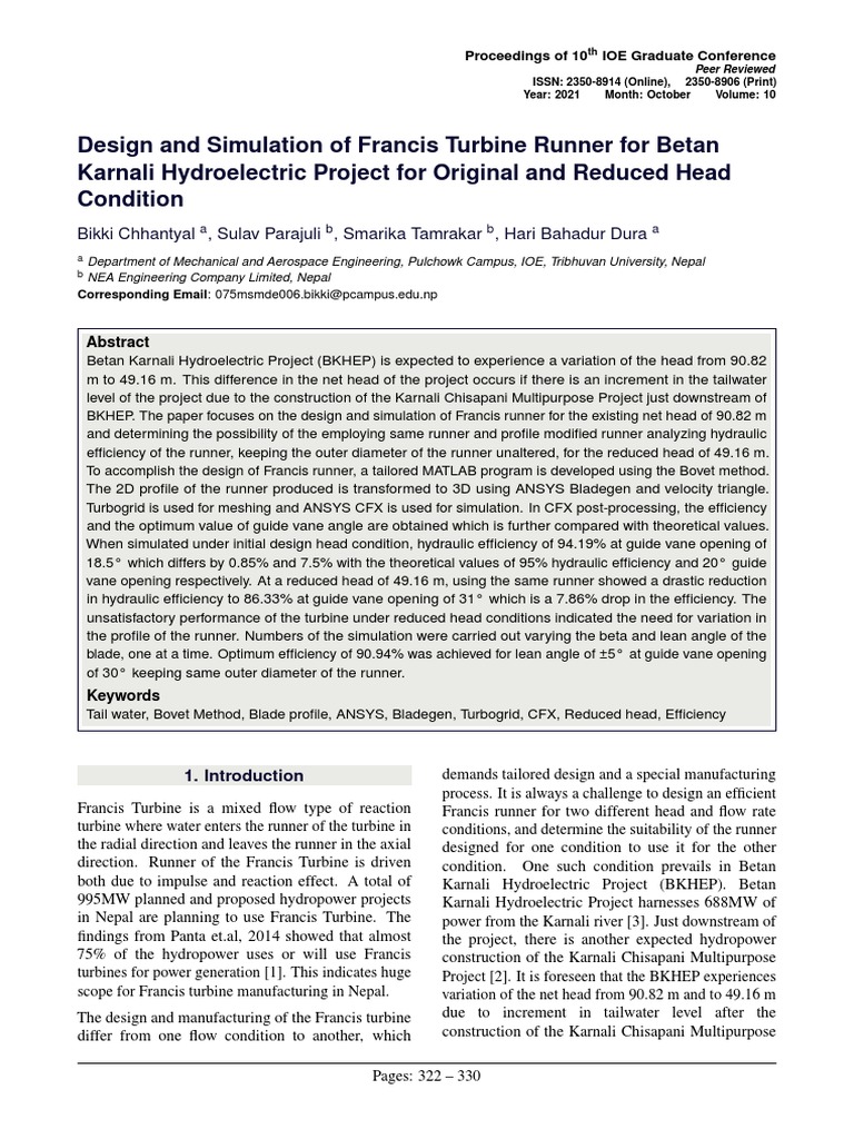 Design and Simulation of Francis Turbine Runner For Betan Karnali ...