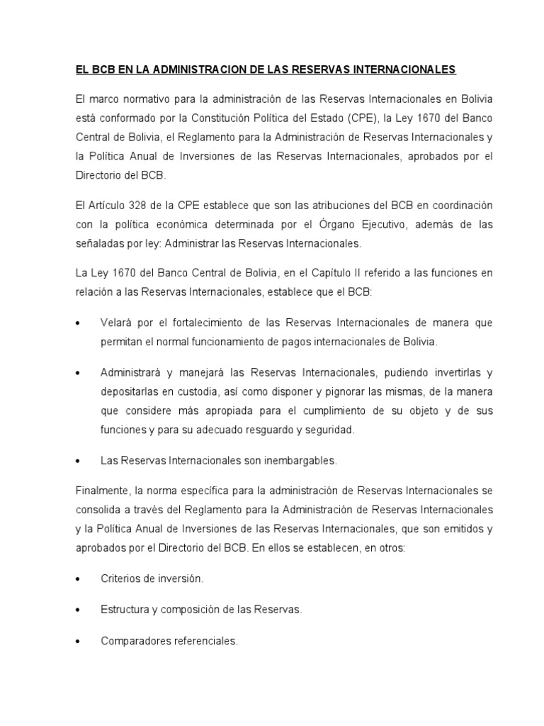 El BCB en La Administracion de Las Reservas Internacionales | PDF ...