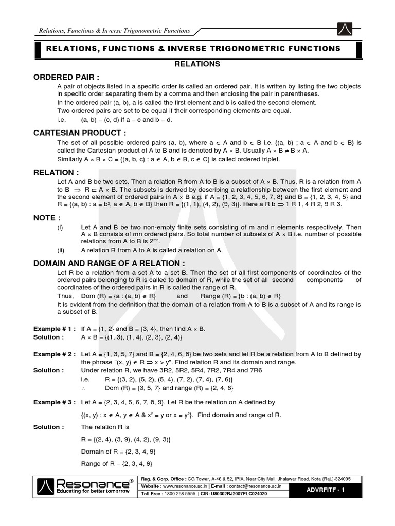Relations, Functions Inverse Trigonometric Functions Relations Ordered ...
