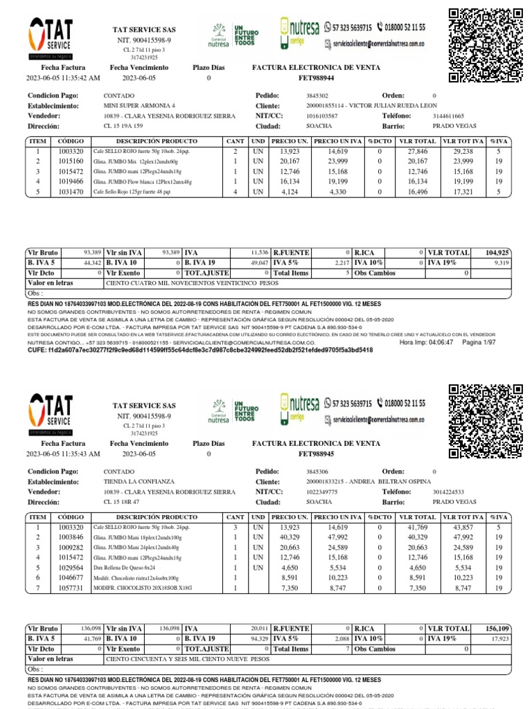 Facturas Electrónicas TAT Service SAS | PDF | Factura | Impuesto al ...