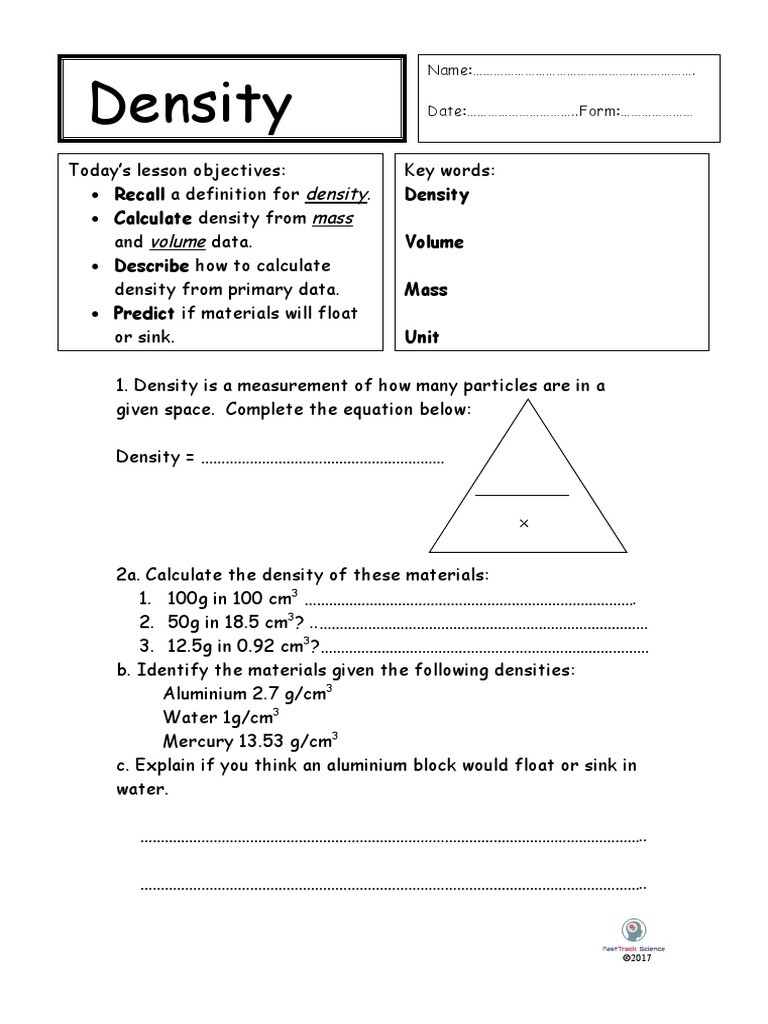 Density Worksheet | PDF