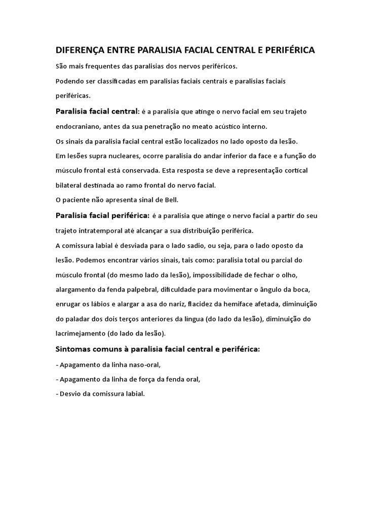 Diferença Entre Paralisia Facial Central e Periférica | PDF Diferença Entre Paralisia Facial Central e Periférica | PDF