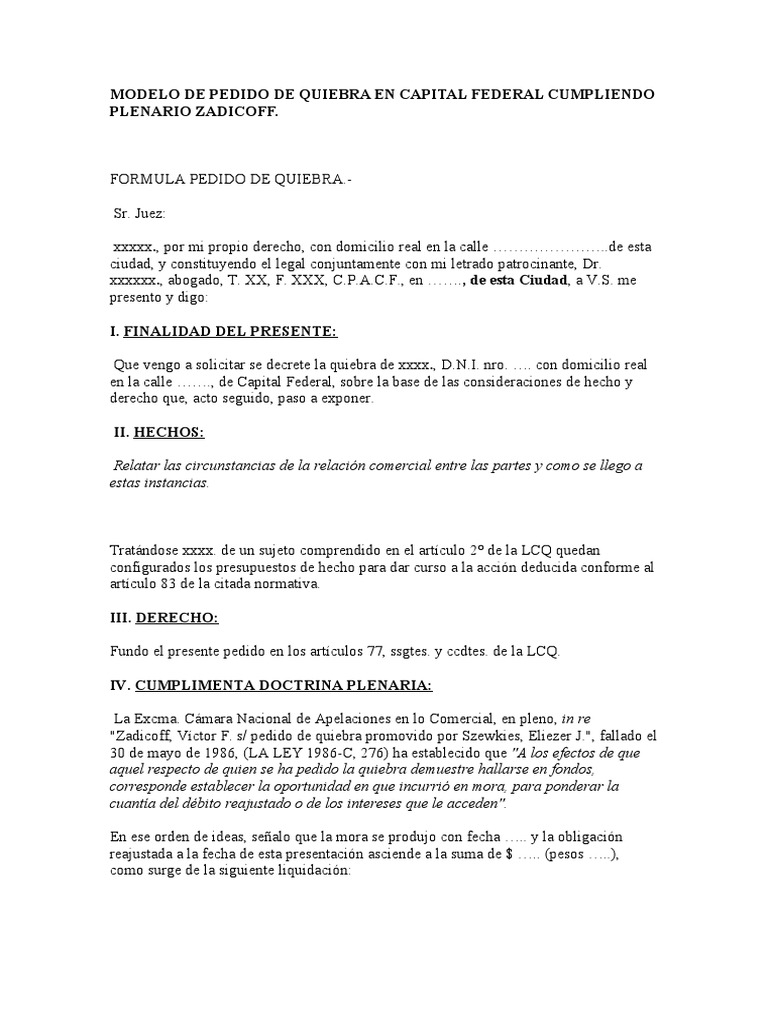 Modelo de Pedido de Quiebra en Capital Federal Cumpliendo Plenario ...