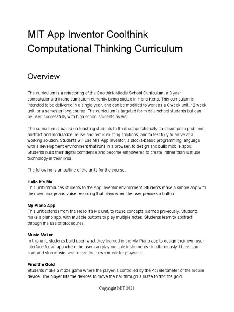 MIT App Inventor CTCT Curriculum Overview | PDF | Mobile App | Curriculum
