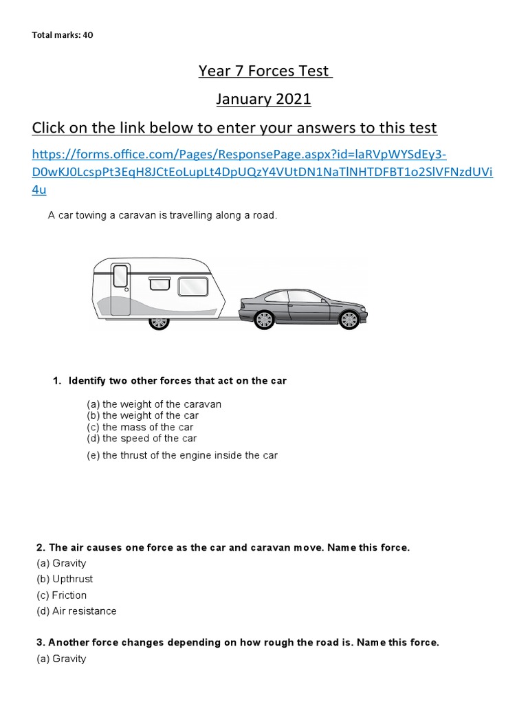 Year 7 Forces Test with Answers | PDF | Force | Buoyancy