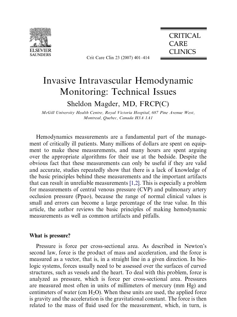 Invasive Intravascular Hemodynamic Monitoring - Technical Issues | PDF