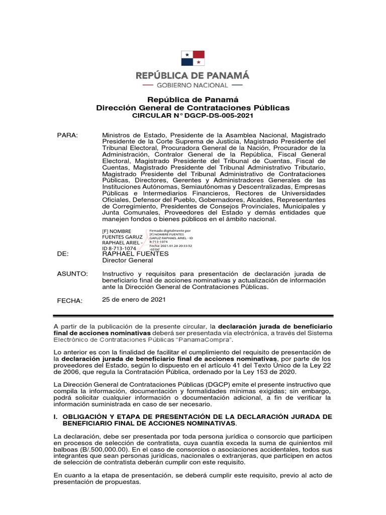 CIRCULAR #DGCP-DS-005-2021 Declaración de Acciones Nominativas | PDF ...