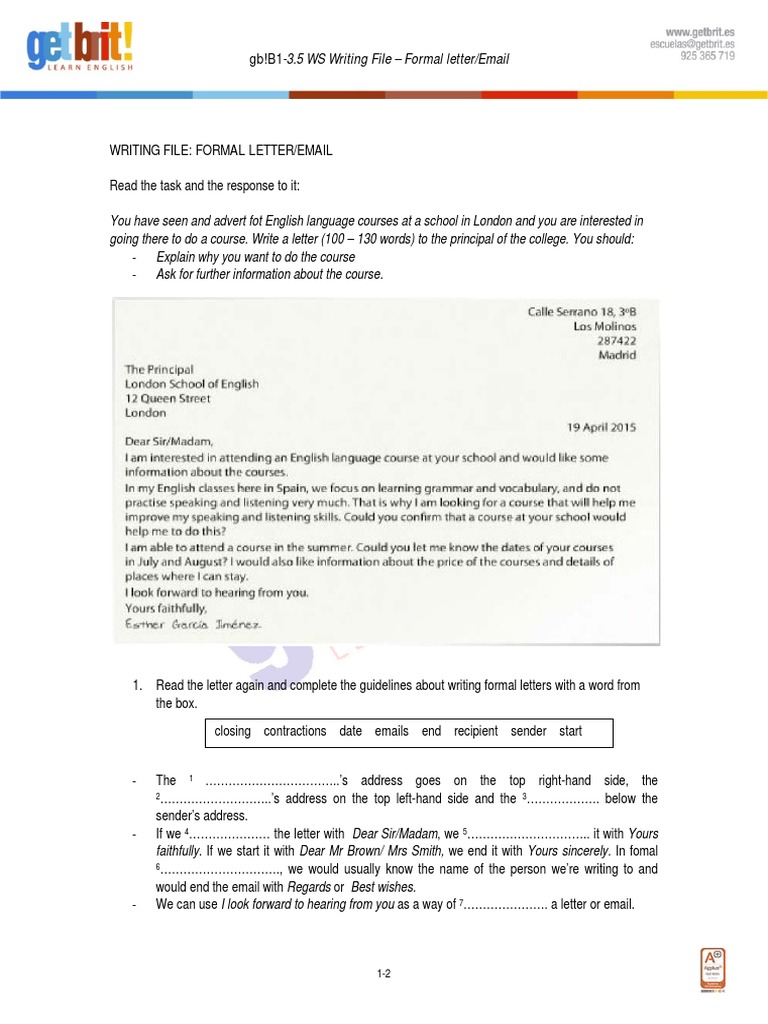 B1-3.5 WS Writing File - Formal Letters | PDF