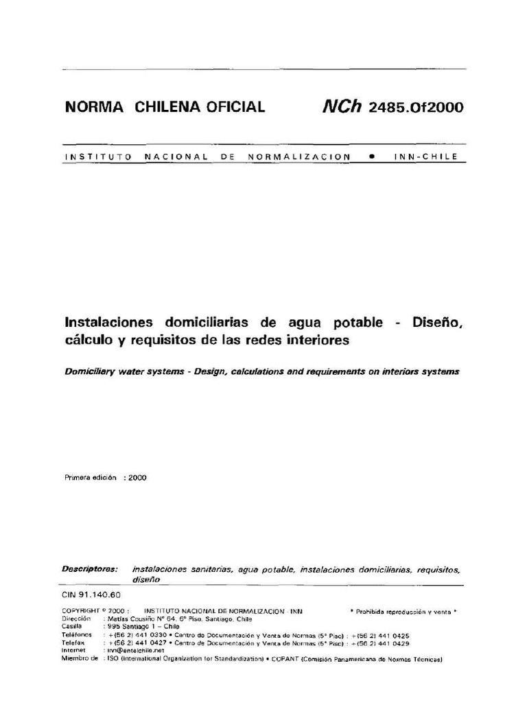 NCH 2485 of 2000 - Inst. Domiciliarias de Agua Potable | PDF