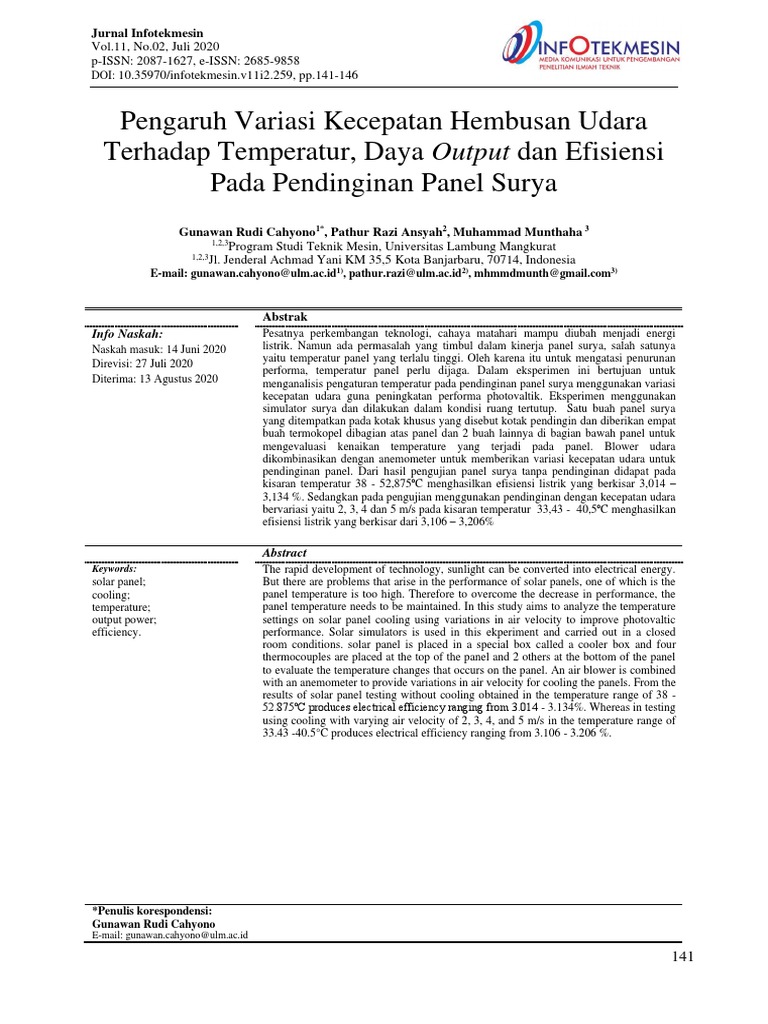 Pengaruh Variasi Kecepatan Hembusan Udara Terhadap Temperatur, Daya Output Dan Efisiensi Pada ...