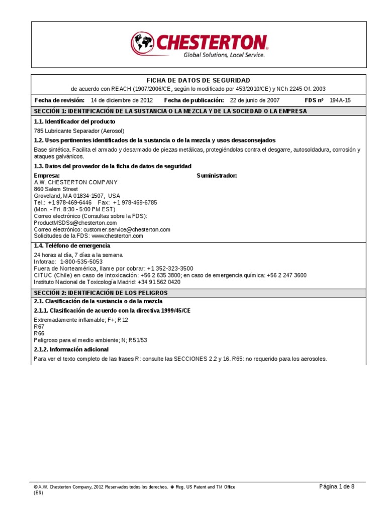 Ficha de Seguridad Lubricante Aerosol 785 | PDF | Naturaleza | Química