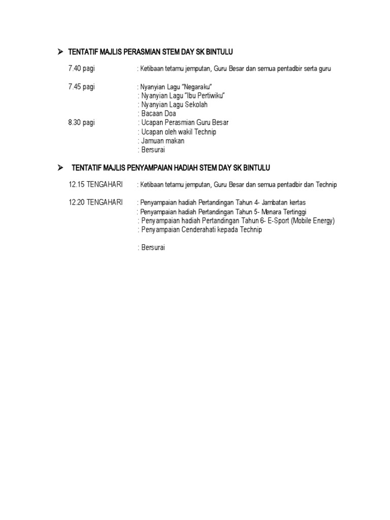 Tentatif Majlis Perasmian Dan Penyampaian Hadiah Stem Day SK Bintulu | PDF Tentatif Majlis Perasmian Dan Penyampaian Hadiah Stem Day SK Bintulu | PDF
