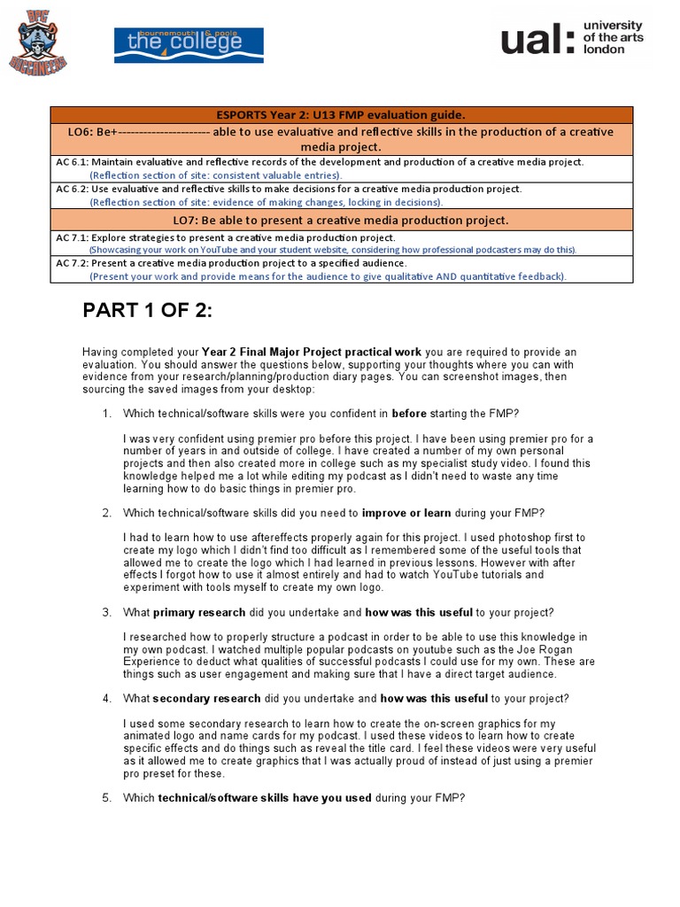 Esports Yr2 FMP Evaluation Template 1 | PDF | Podcast | Adobe Photoshop