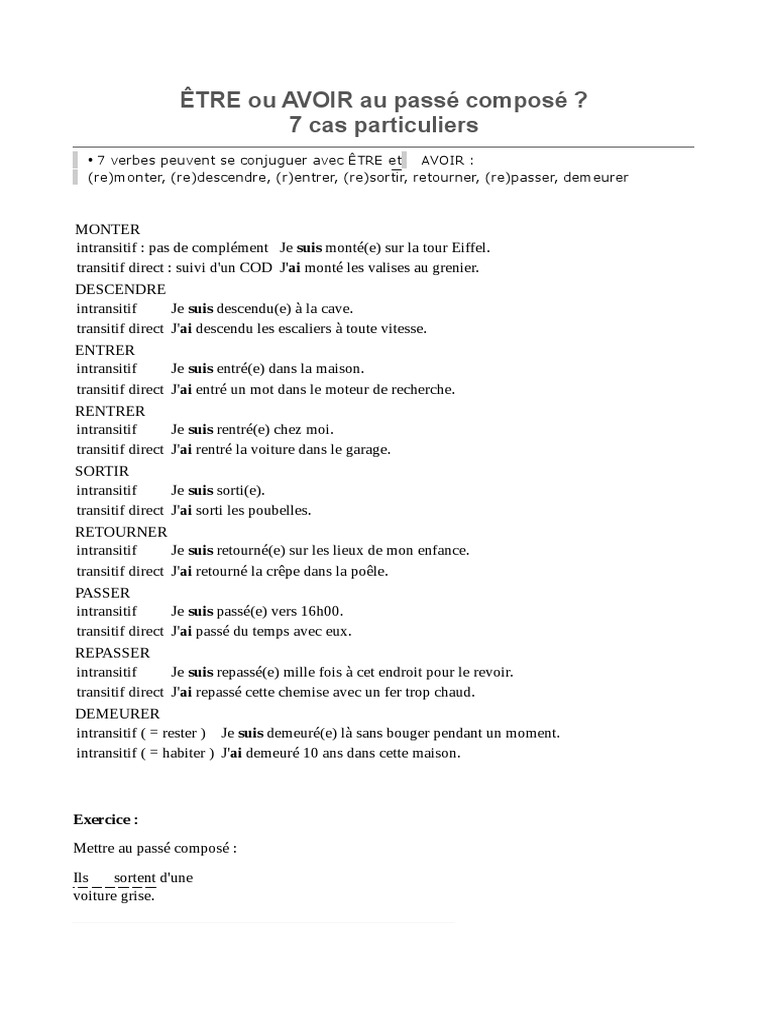 7 Verbes avec ÊTRE et AVOIR au Passé Composé | PDF