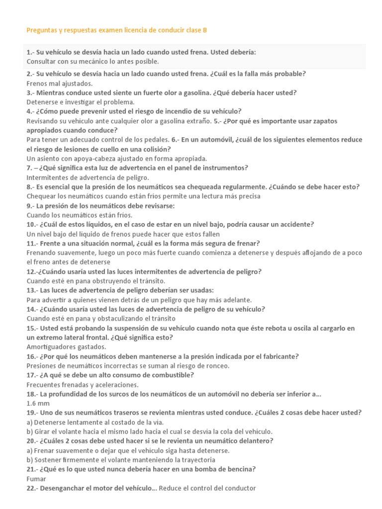 Preguntas y Respuestas Examen Licencia de Conducir Clase B | PDF ...