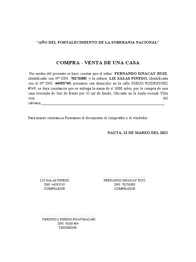 Compra Venta de Casa Liz | PDF