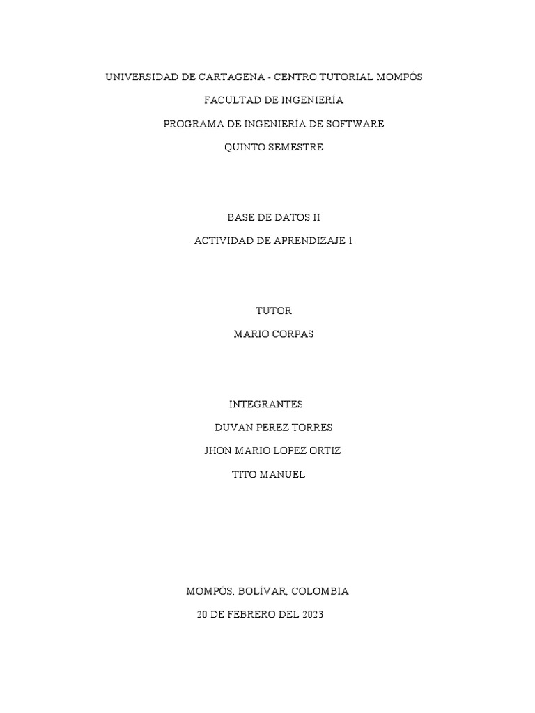 Actividad de Aprendizaje de Base de Datos Ii Unidad 1 | PDF | Bases de datos | Programación