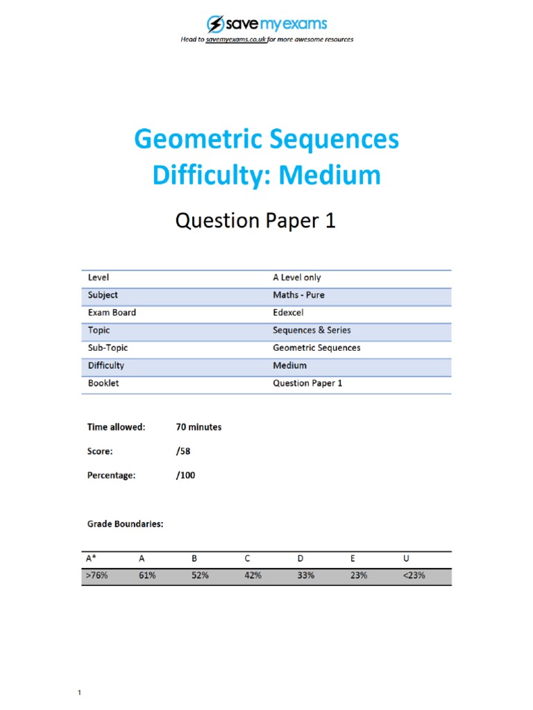 A3 2 Geometric Sequences Medium Question Paper 1 1 Pdf