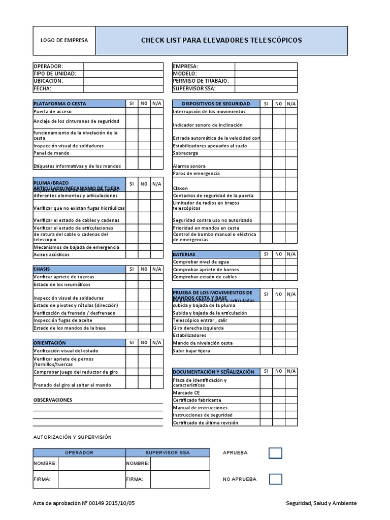 Check List Elevadores Telescópicos | PDF | Vehículos | Bienes manufacturados