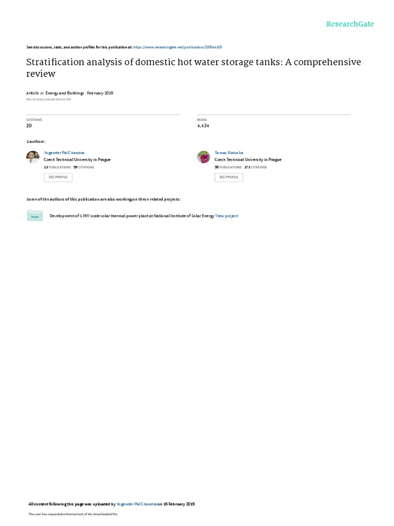 Stratification Analysis Of Domestic Hot Water Storage Tanks A