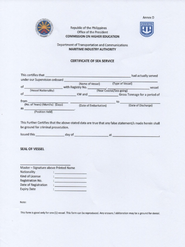 Marina Sea Service Sample Form (Annex D) - To Be Accomplished Onboard | PDF