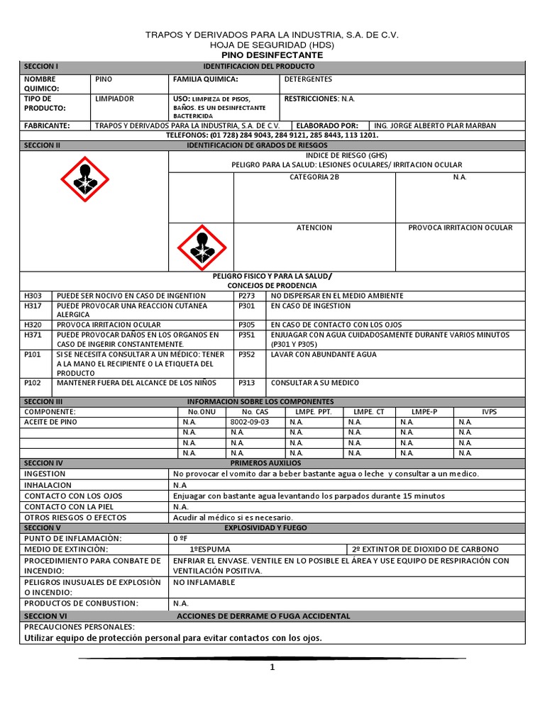 Hoja de Seguridad: Pinol Desinfectante | PDF | Agua | Sodio
