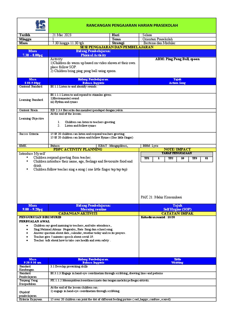 Contoh RPH Pra 2 | PDF