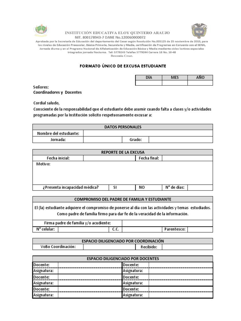 Formato Único de Excusa Estudiante IE Eloy Quintero PDF | PDF