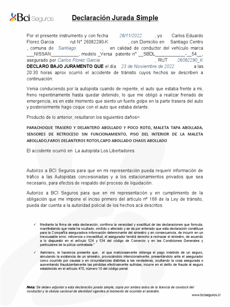 Declaración Jurada Simple BCI Seguros | PDF | Finanzas y dinero | Derecho