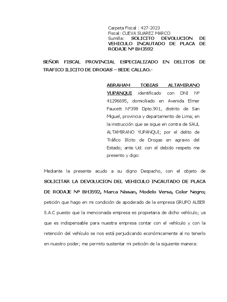 Solicitud Devolucion de Vehiculo | PDF