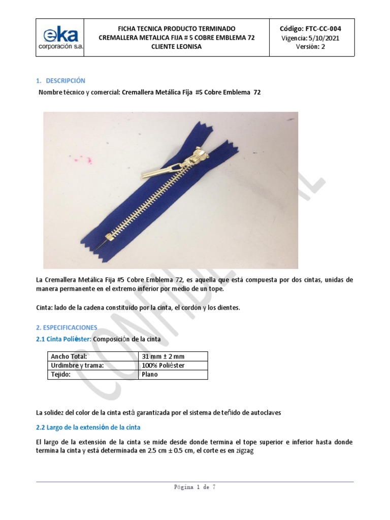 FTC-CC-004 Cremallera Metalica Fija # 5 Cobre Emblema 72 | PDF | Cobre ...