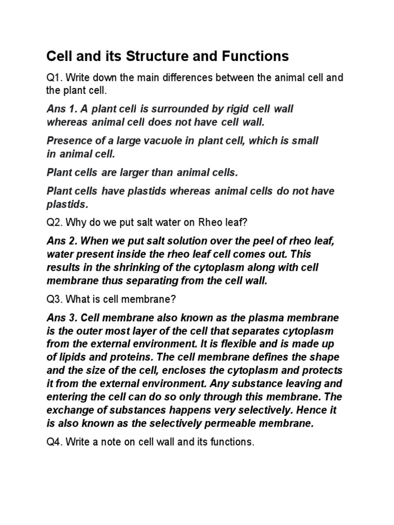 Cell and Its Structure and Functions: Q1. Write Down The Main ...