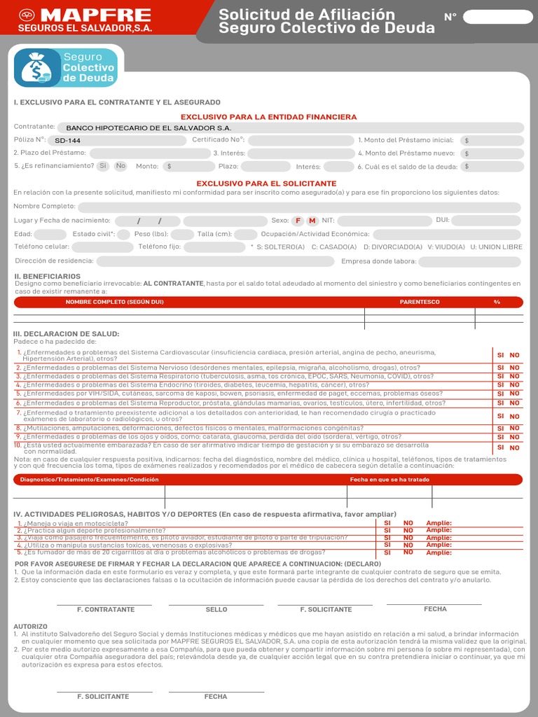 Solicitud Afiliacion Seguro Colectivo Deuda-Editable MAPFRE (1) | PDF