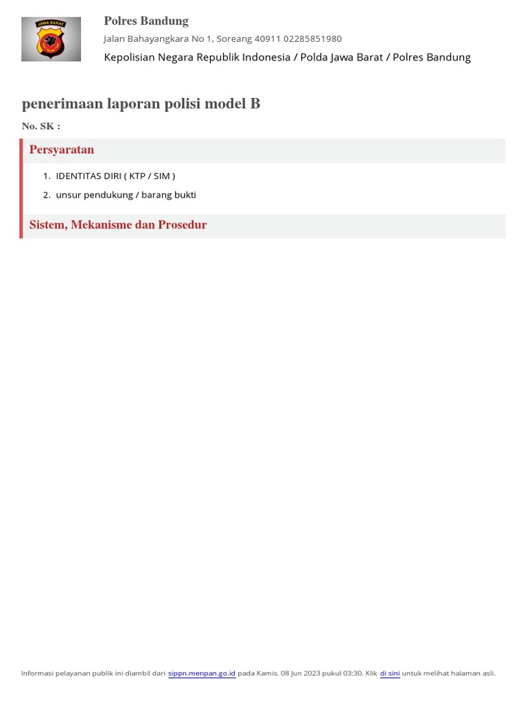 Unduh Standar Pelayanan - Penerimaan Laporan Polisi Model B | PDF
