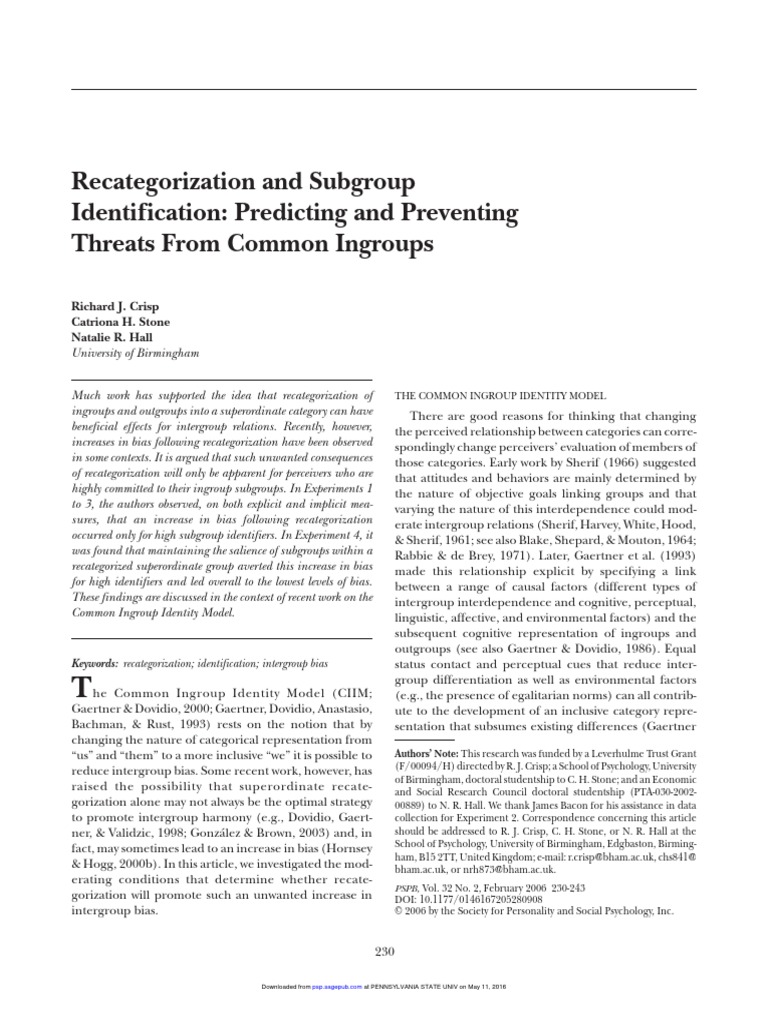 Crisp 2006 - Recategorization and Subgroup Identification | PDF