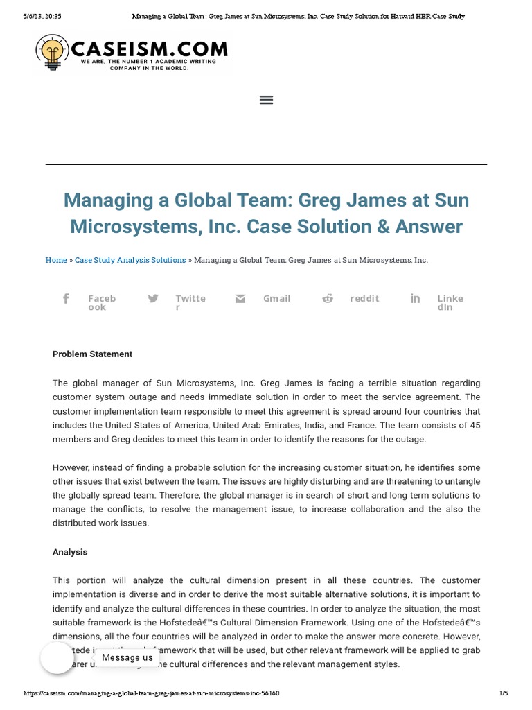 Managing A Global Team - Greg James at Sun Microsystems, Inc. Case Study Solution For Harvard ...