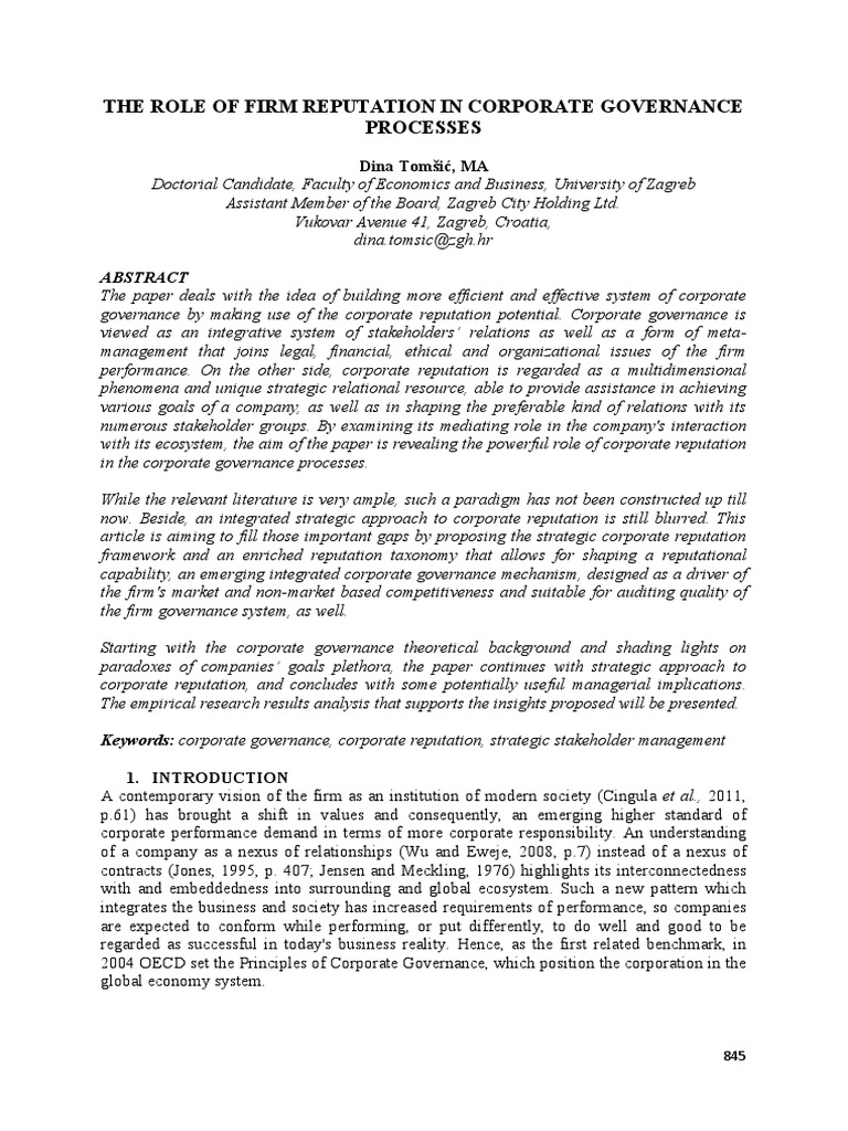 626388.2 The Role of Firm Reputation in Corporate Governance Processes | PDF | Governance ...