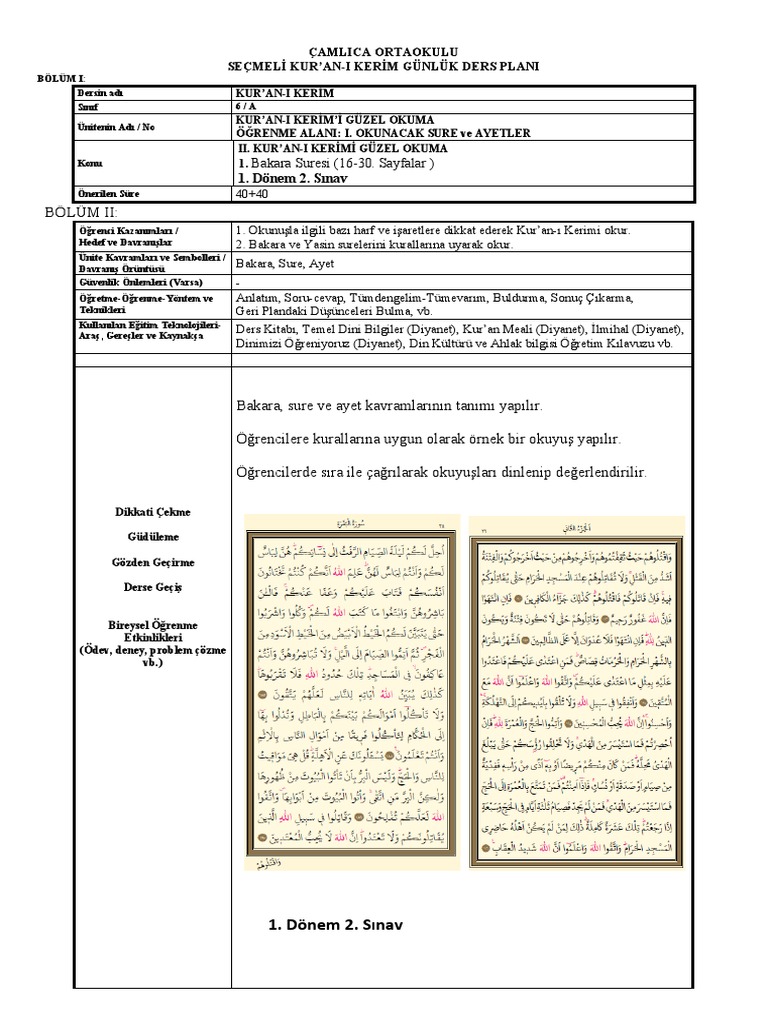 Kuran I Kerim 6. Sinif Gunluk Plan 15. Hafta | PDF