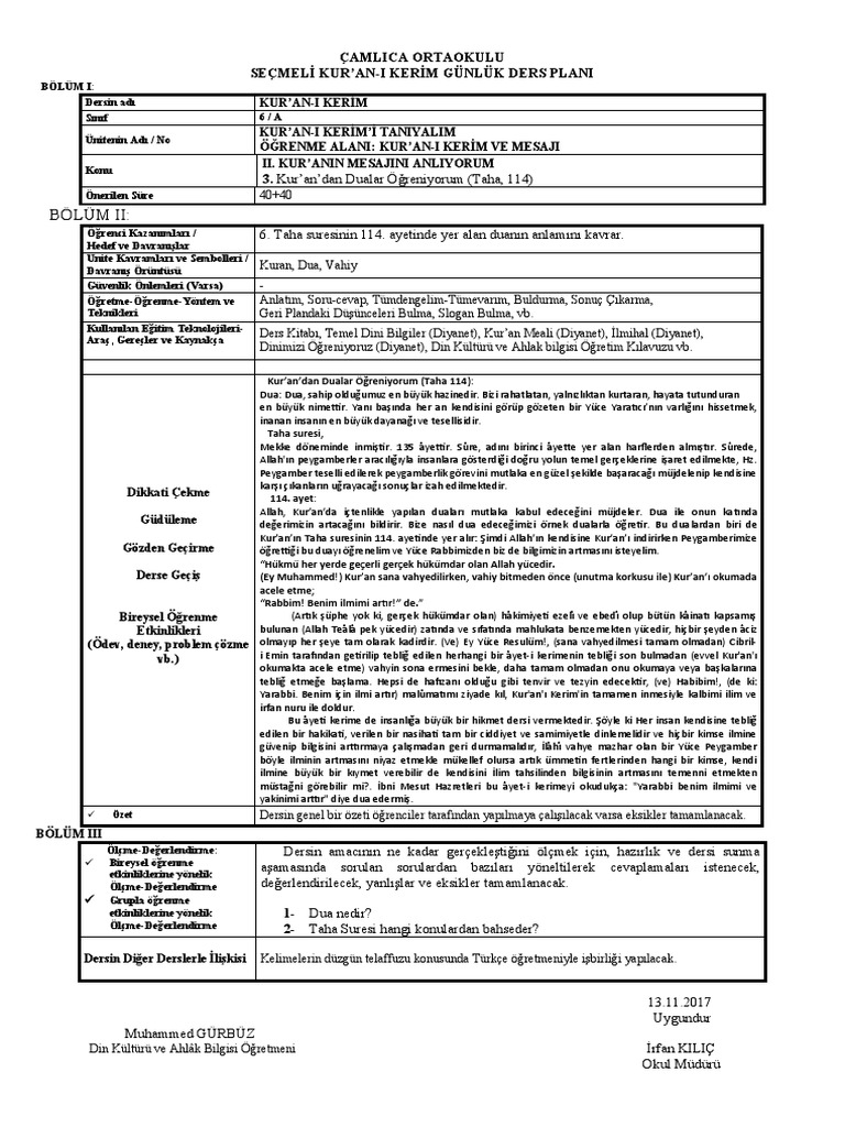 Kuran I Kerim 6. Sinif Gunluk Plan 9. Hafta | PDF