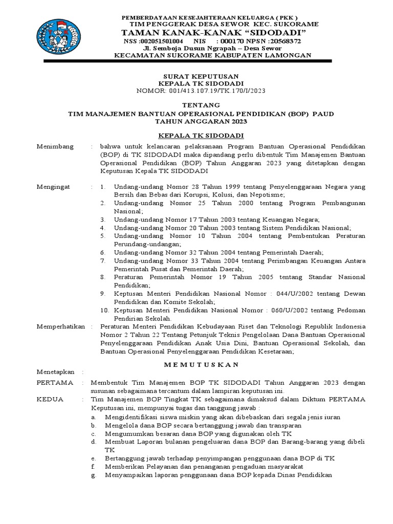 SK Tim Manajemen Bop TK Sidodadi | PDF