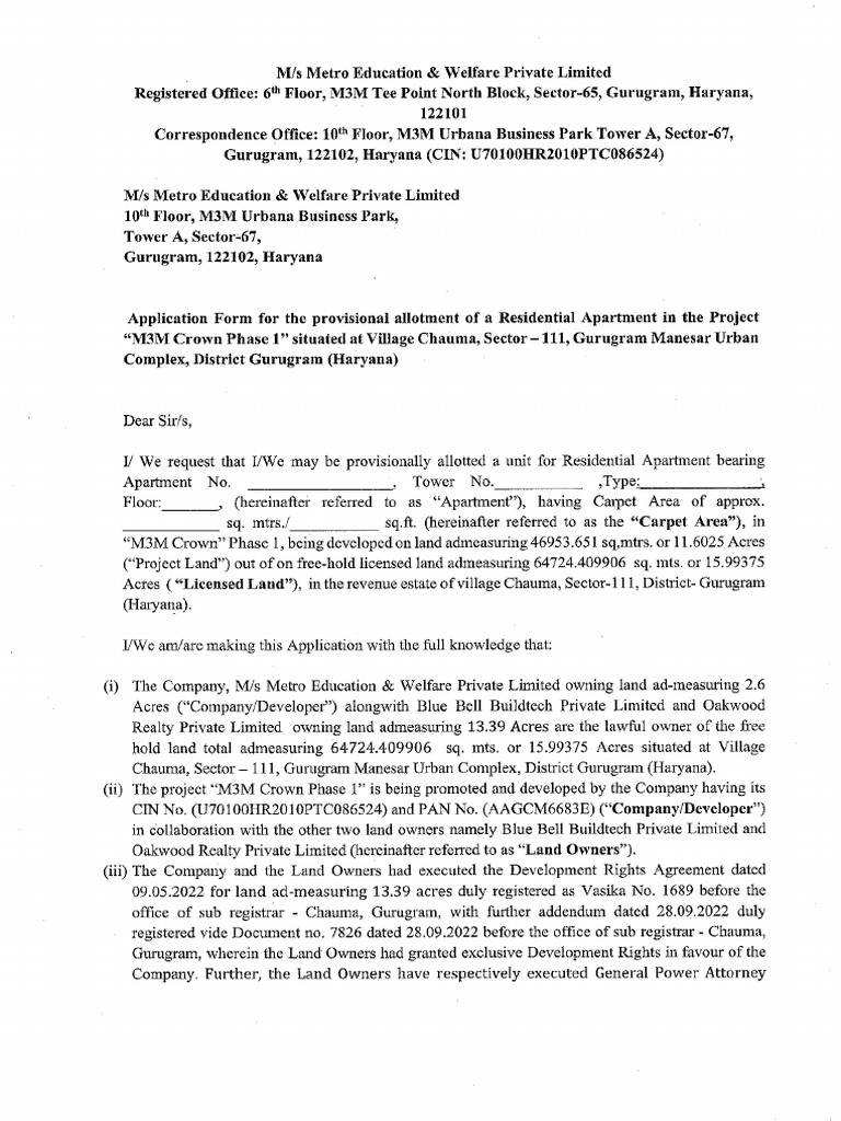 Application Form - M3M Crown | PDF