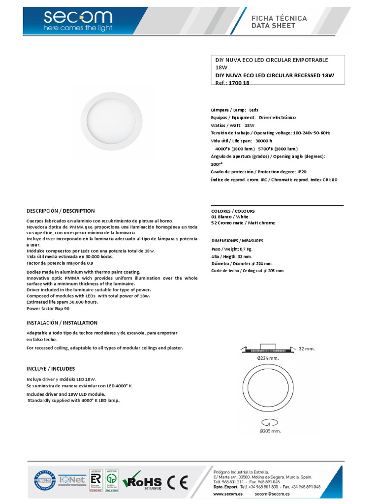 Downlight Led W Acabado Blanco Luz Fria Secom 10685010 Techsheetsup | PDF | Diodo emisor de luz ...