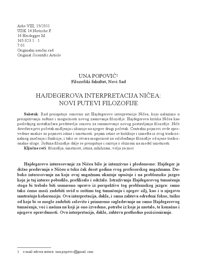 Una Popović - HAJDEGEROVA INTERPRETACIJA NICEA NOVI PUTEVI FILOZOFIJE | PDF
